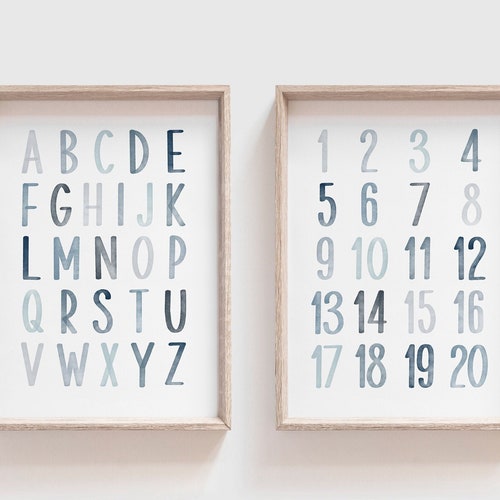 Set of 2 Prints Blue Alphabet and Numbers Prints Nursery - Etsy