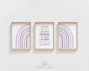 Kids Motivational Wall Art Purple Rainbow Affirmations Set of 3 Prints ...