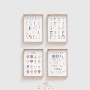 SET of 4 Prints, Watercolor Alphabet Number Week Shapes, Neutral ...