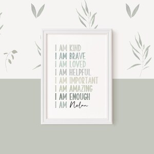 Sage Green Watercolor Kids Affirmation Print, Custom Name, Positive ...