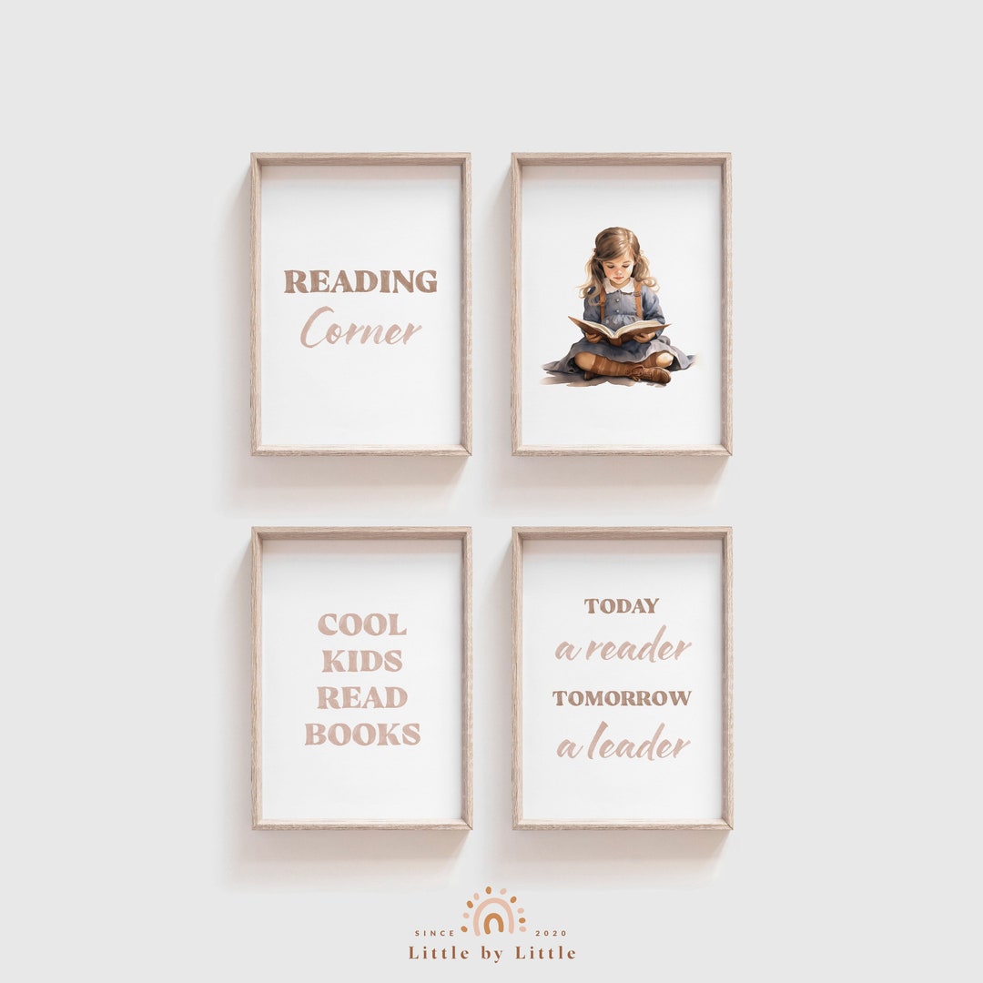 Set of 4 Girl Reading Corner Signs, Neutral Watercolor, Today A Reader ...
