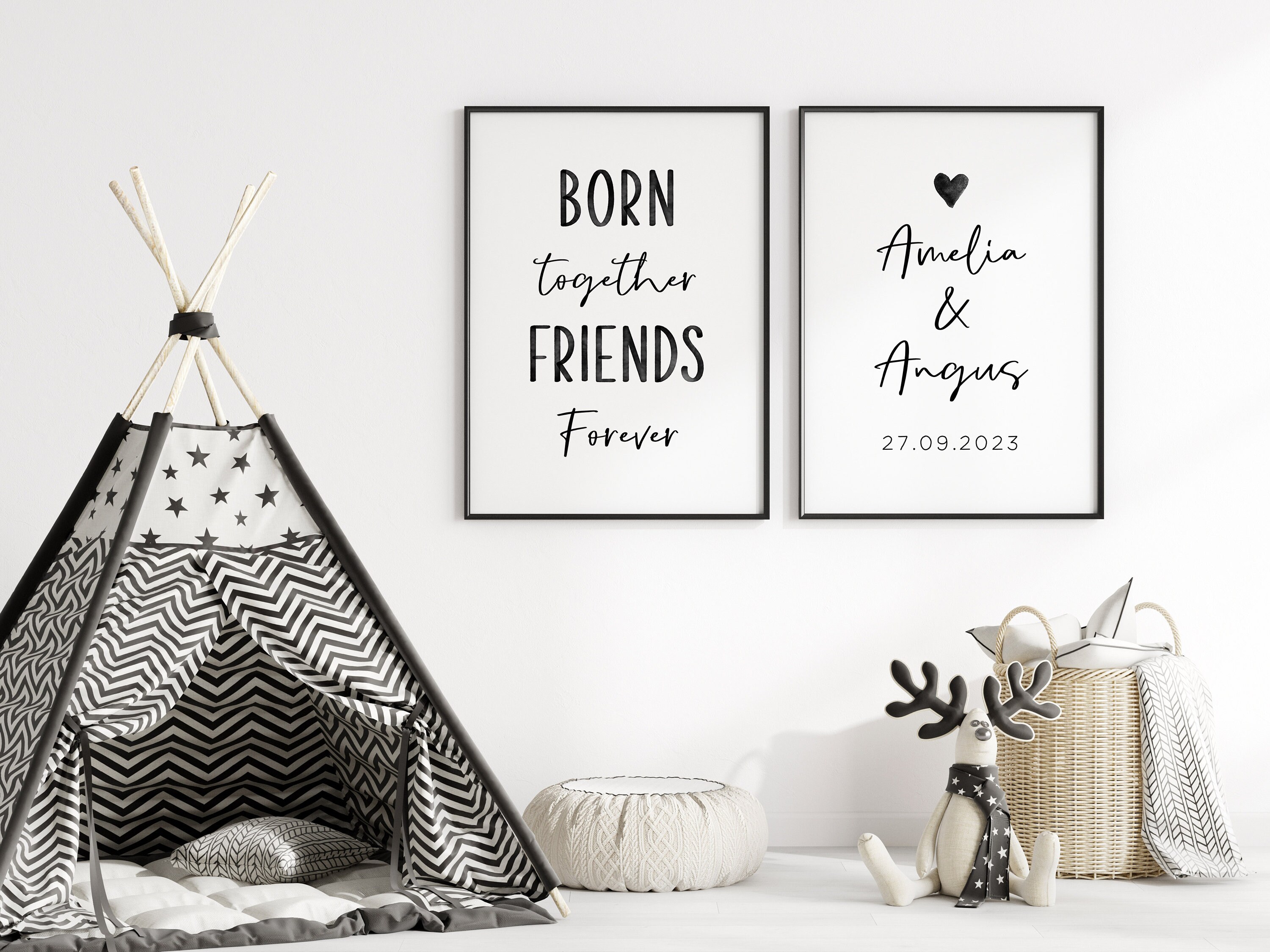 Born Together Friends Forever, Custom Twin Name Sign, Black Watercolor ...