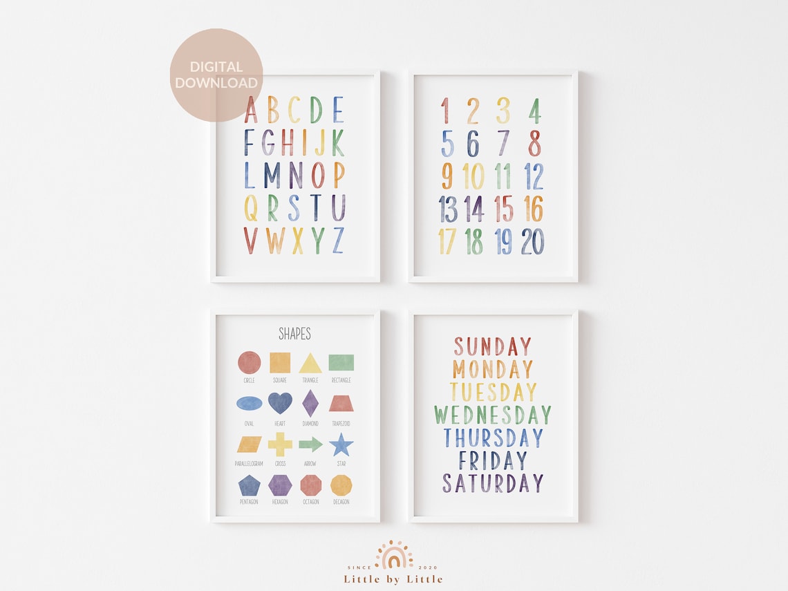 Watercolor Alphabet Number Week Shapes SET of 4 Prints | Etsy