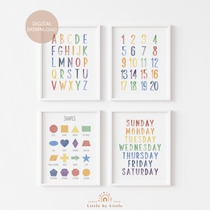 Watercolor Alphabet Number Week Shapes, SET of 4 Prints, Nursery Wall ...