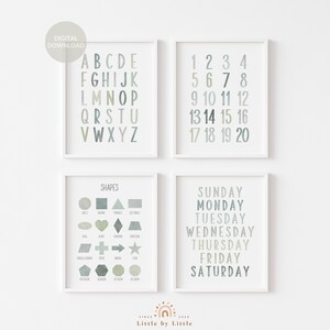 SET of 4 Green Learning Prints, Sage Green Watercolor, Alphabet Numbers ...
