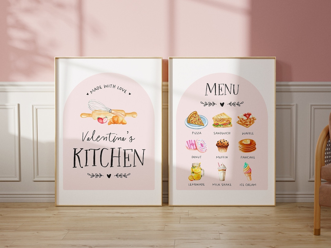 Set of 2 Custom Play Kitchen Sign, Watercolor Toy Kitchen Menu ...