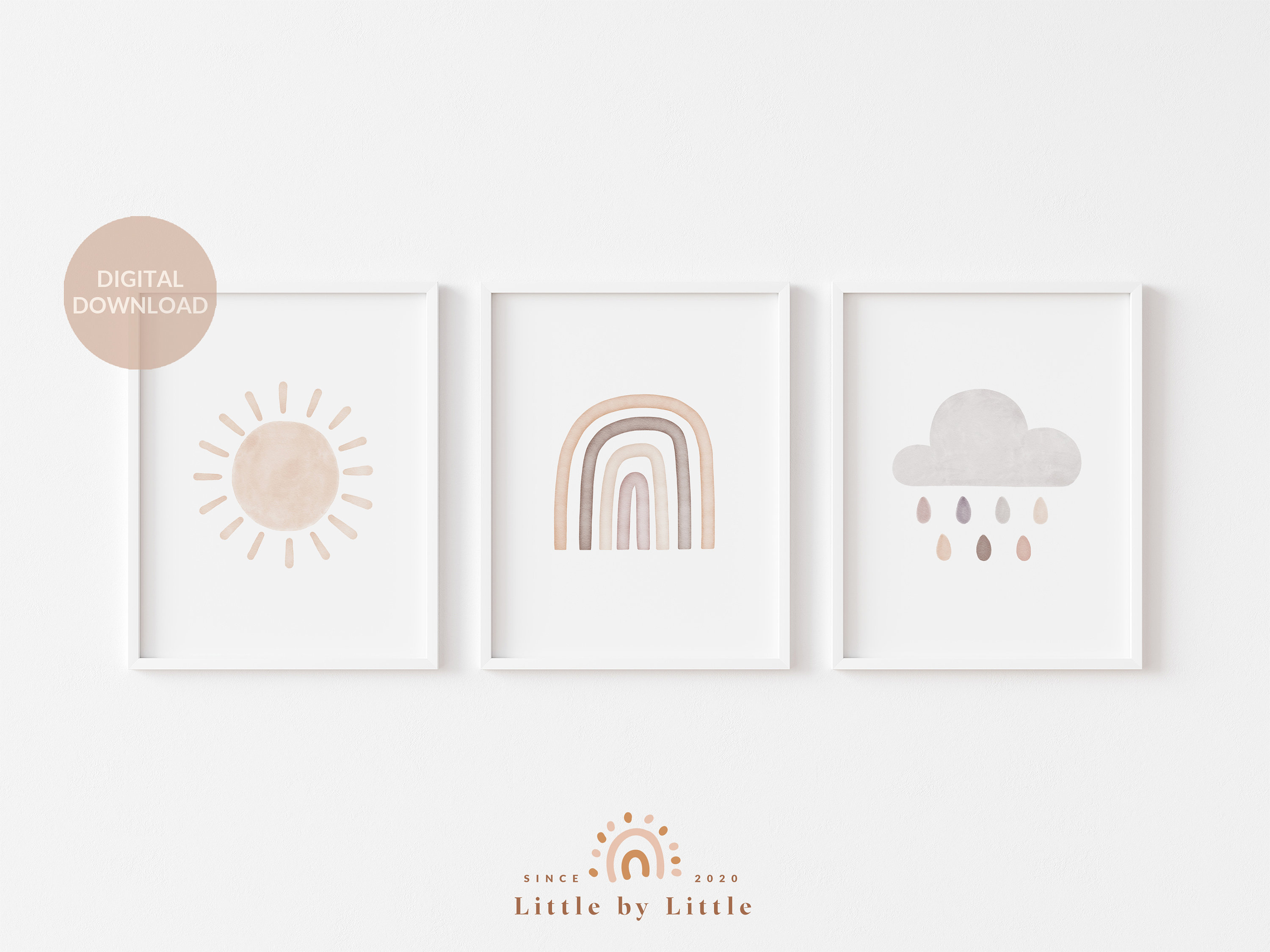 SET of 3 Posters Neutral Sun Rainbow Cloud Print Watercolor | Etsy