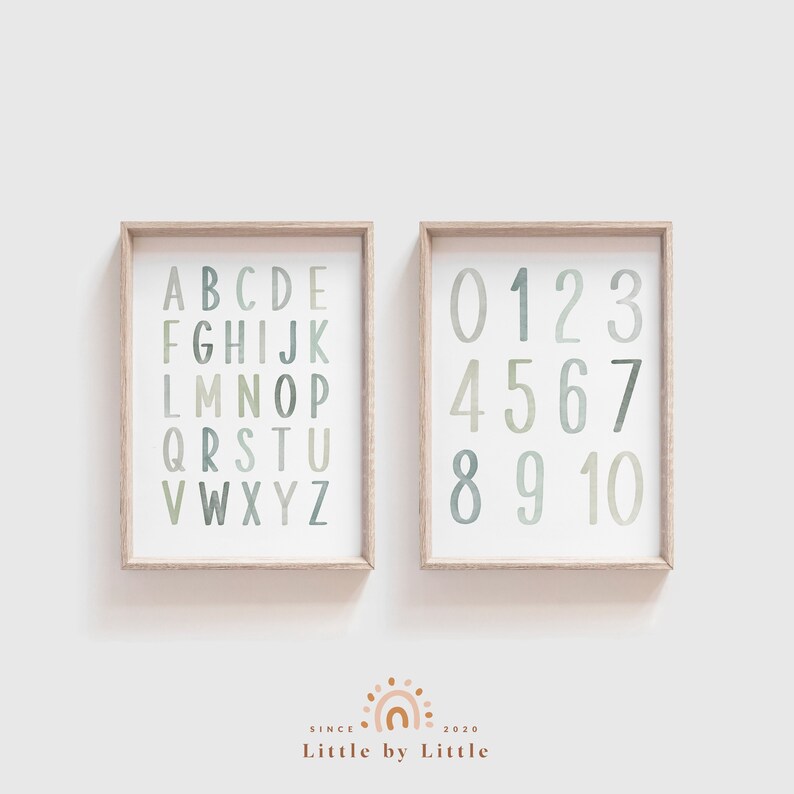 Sage Green Watercolor Alphabet Numbers SET of 2 Prints - Etsy