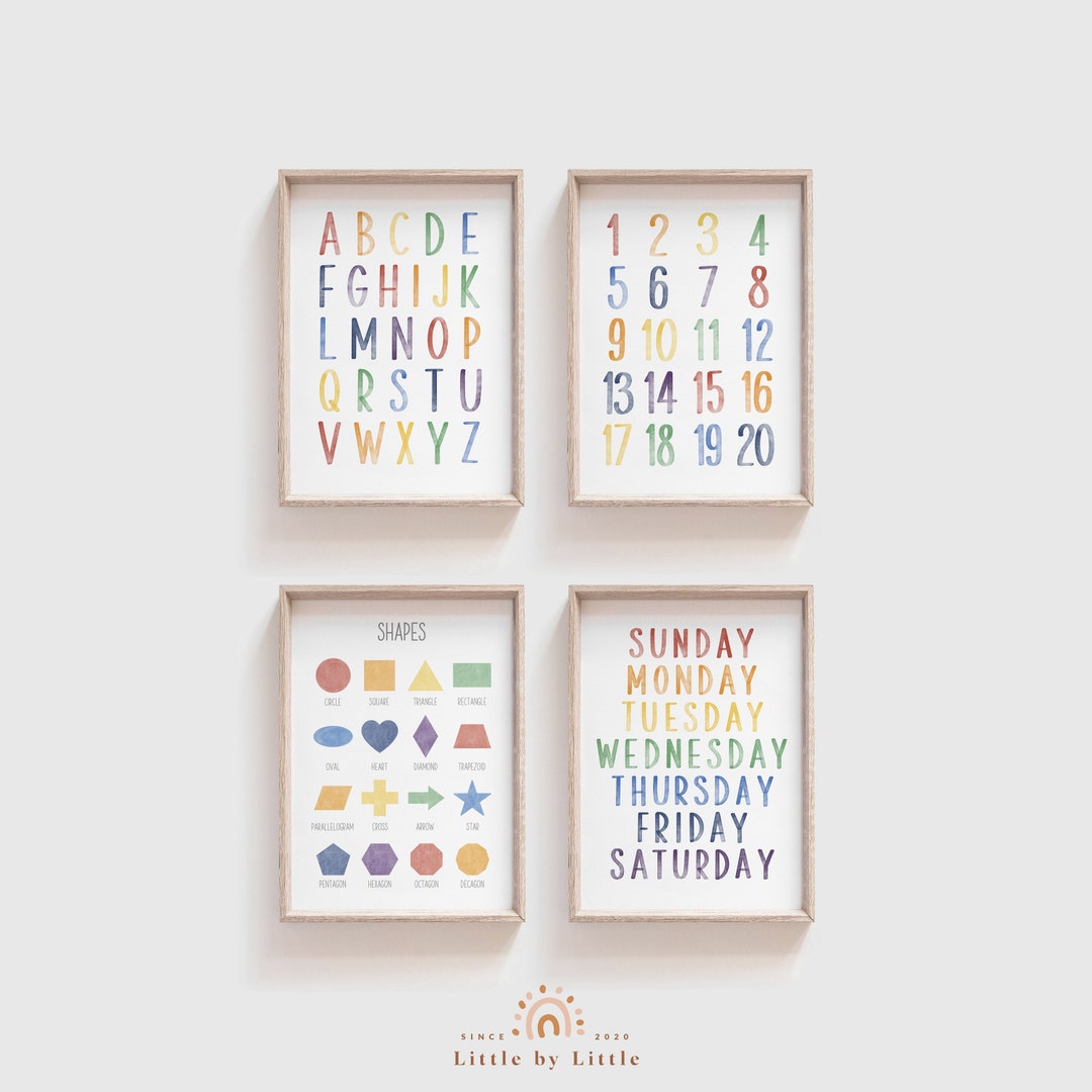 Watercolor Alphabet Number Week Shapes, SET of 4 Prints, Nursery Wall ...