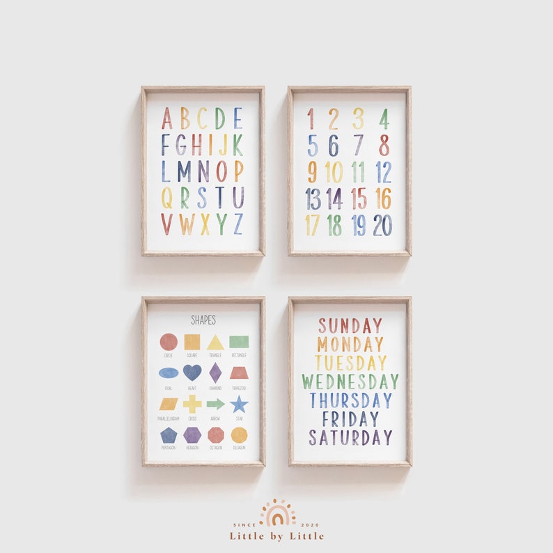 Watercolor Alphabet Number Week Shapes SET of 4 Prints | Etsy