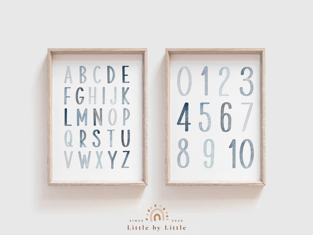 SET of 2 Prints, Watercolor Alphabet Number, Nursery Wall Art, Blue ...