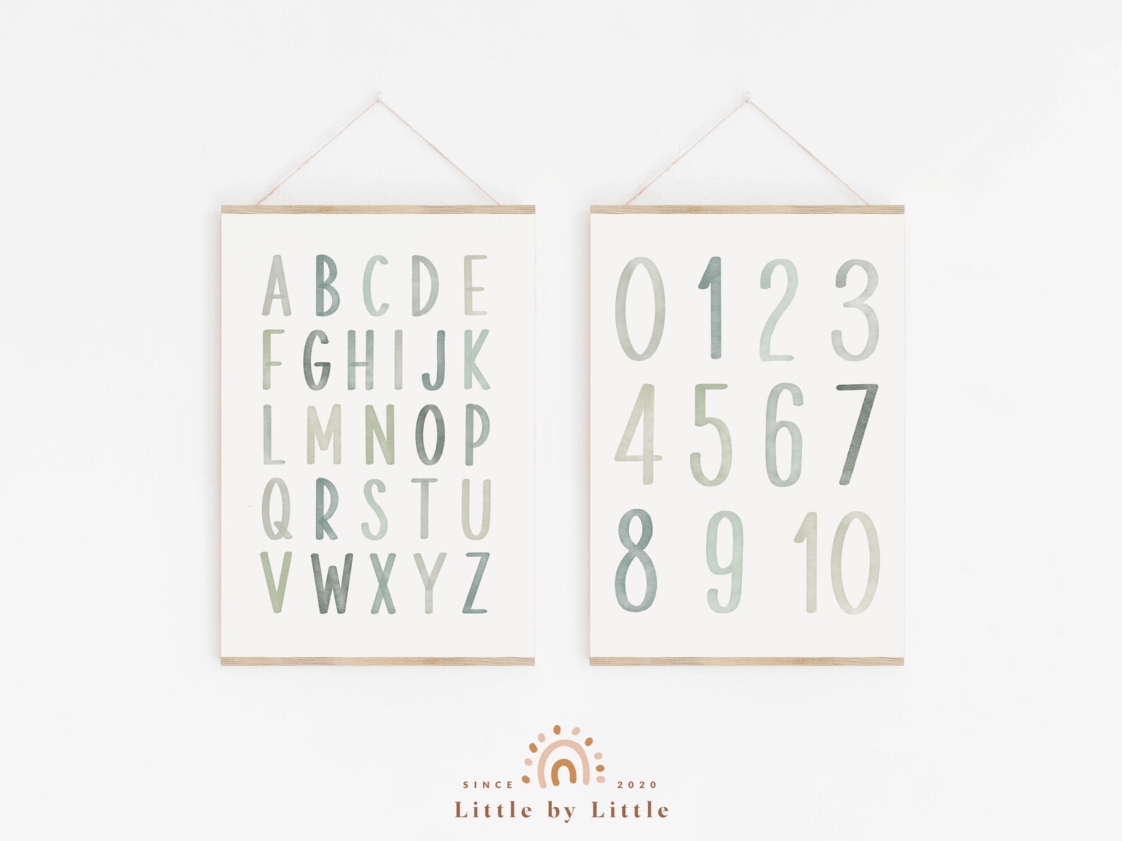 Sage Green Watercolor Alphabet Numbers Prints (set of 2) : Nursery ...
