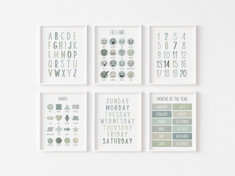 Sage Green Watercolor Learning Prints (set of 6) : Alphabet, Numbers ...
