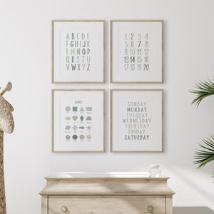 SET of 4 Green Learning Prints, Sage Green Watercolor, Alphabet Numbers ...