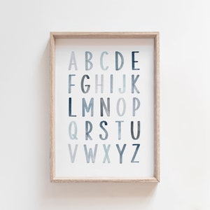 SET of 2 Prints, Watercolor Alphabet Number, Nursery Wall Art, Blue ...