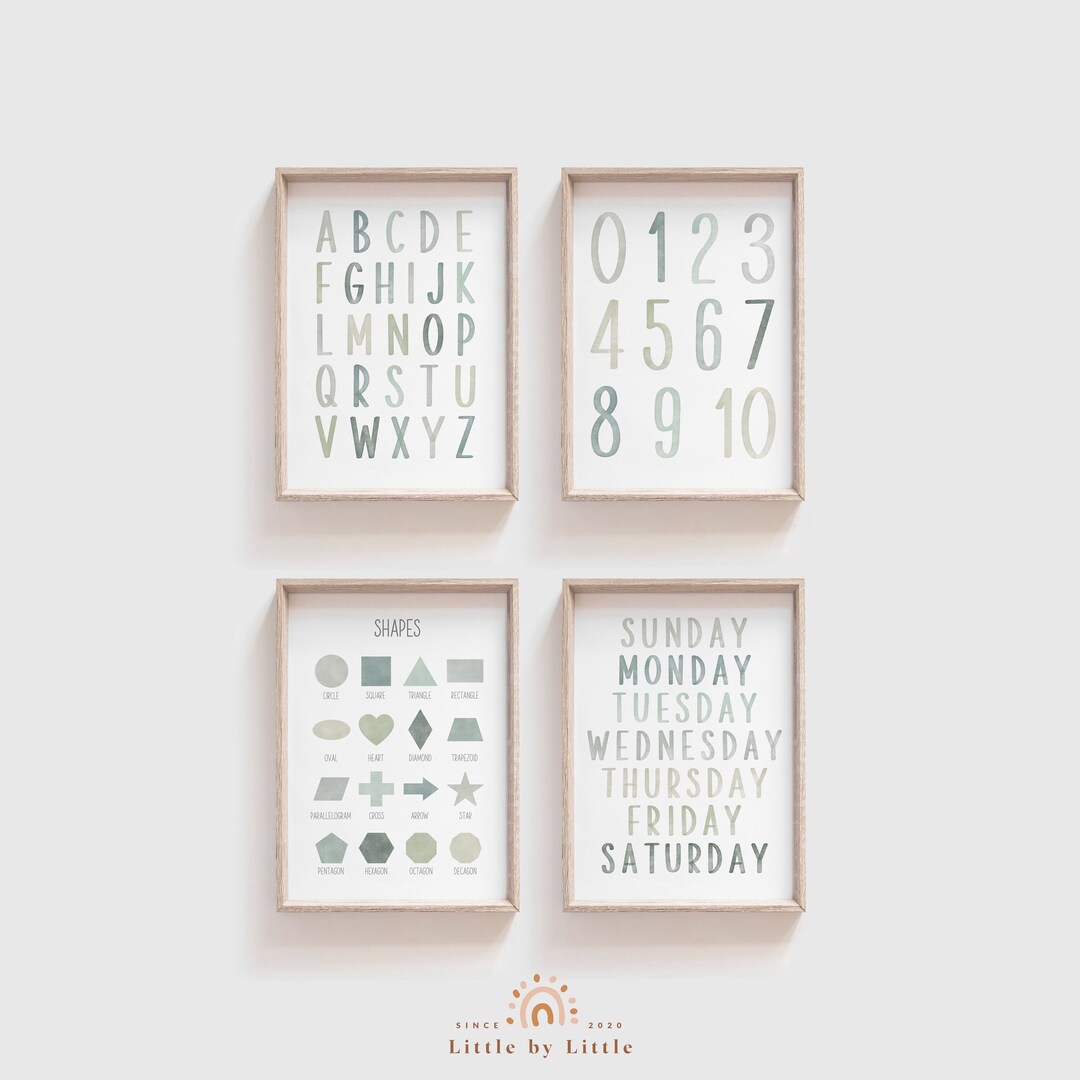 Sage Green Watercolor Learning Posters, SET of 4, Alphabet Numbers Week ...