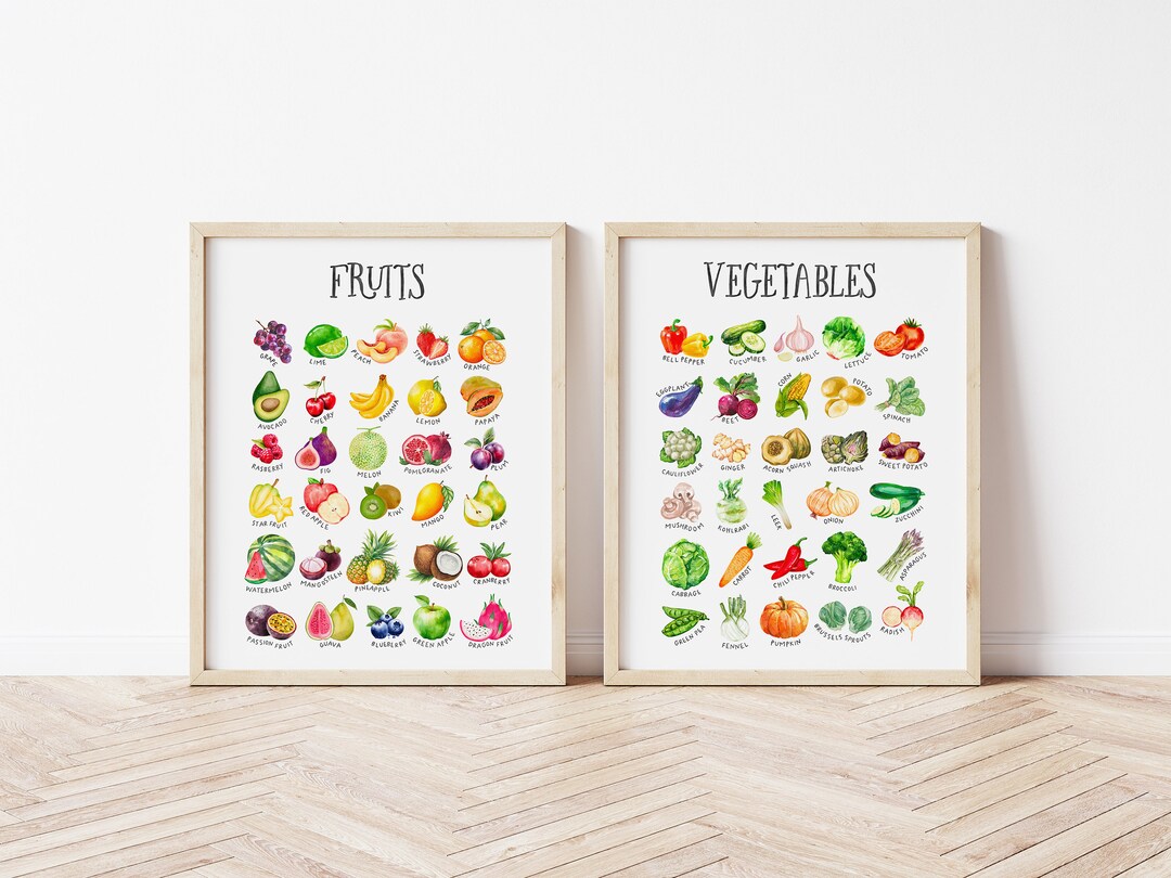 Set of 2 Watercolor Fruits & Vegetables Print, Preschool Learning ...