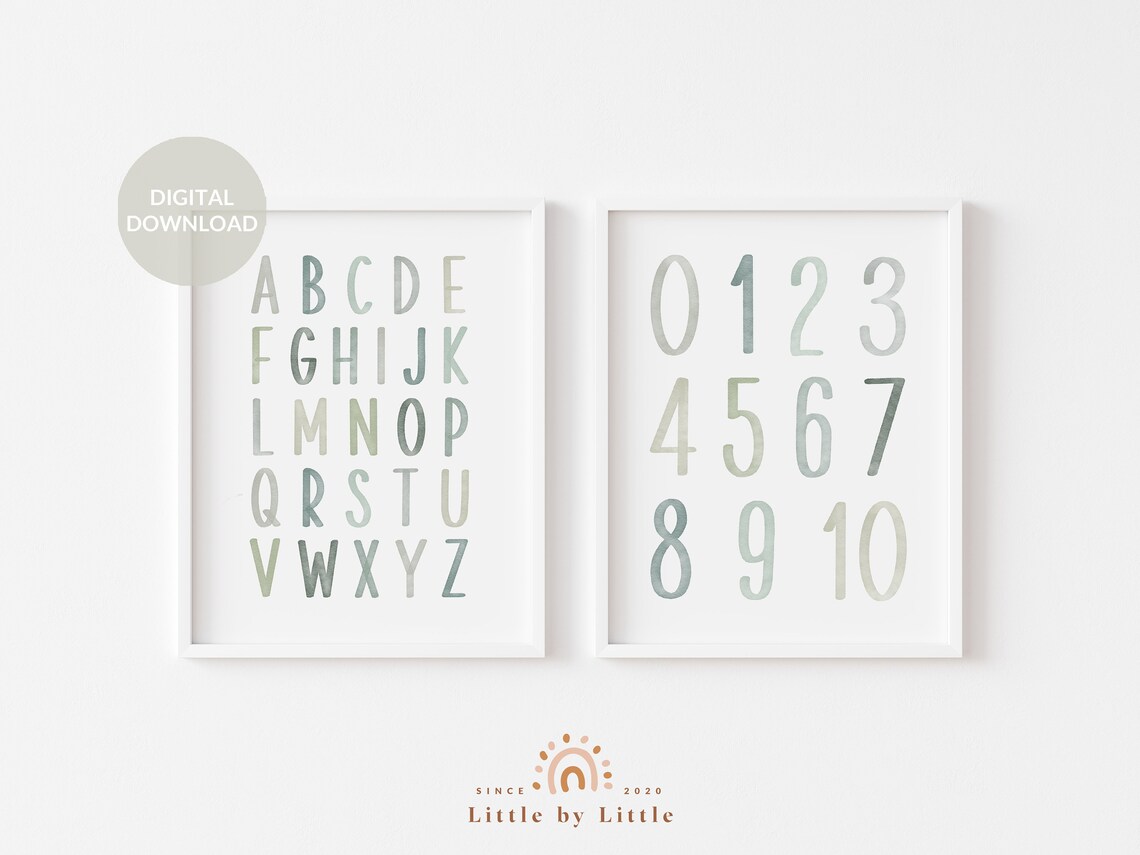Sage Green Watercolor Alphabet Numbers SET of 2 Prints - Etsy