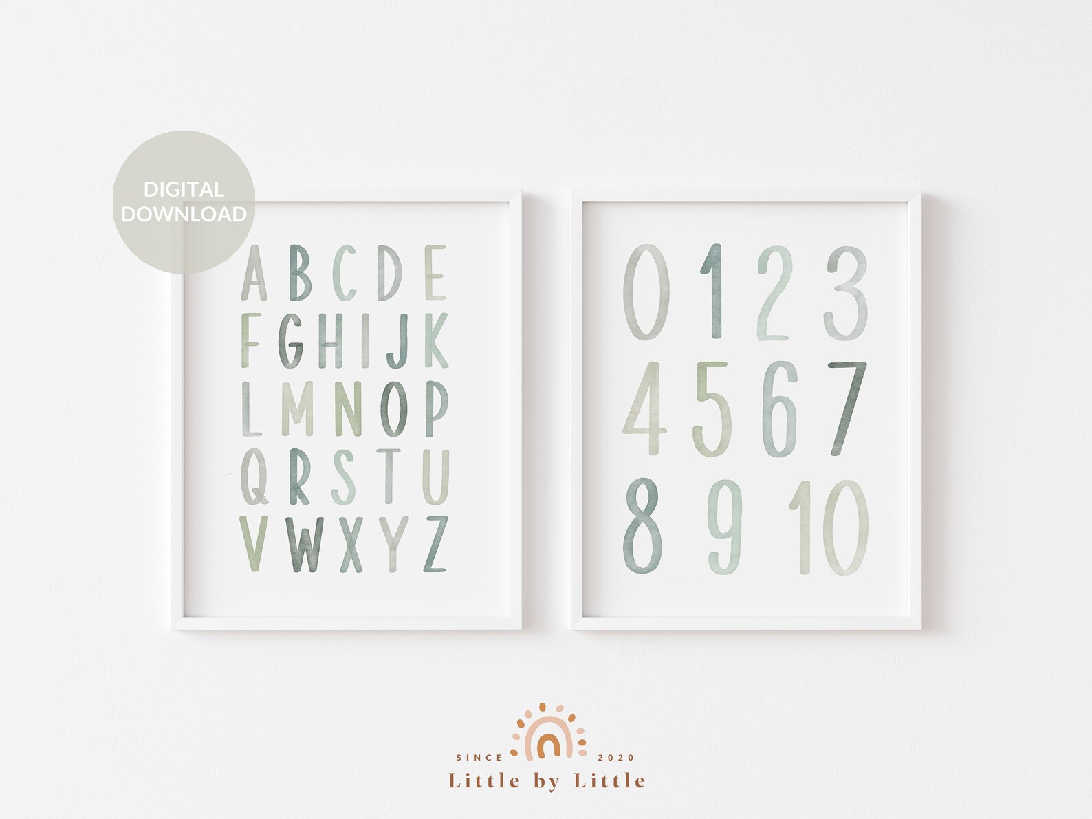 Sage Green Watercolor Alphabet Numbers SET of 2 Prints - Etsy