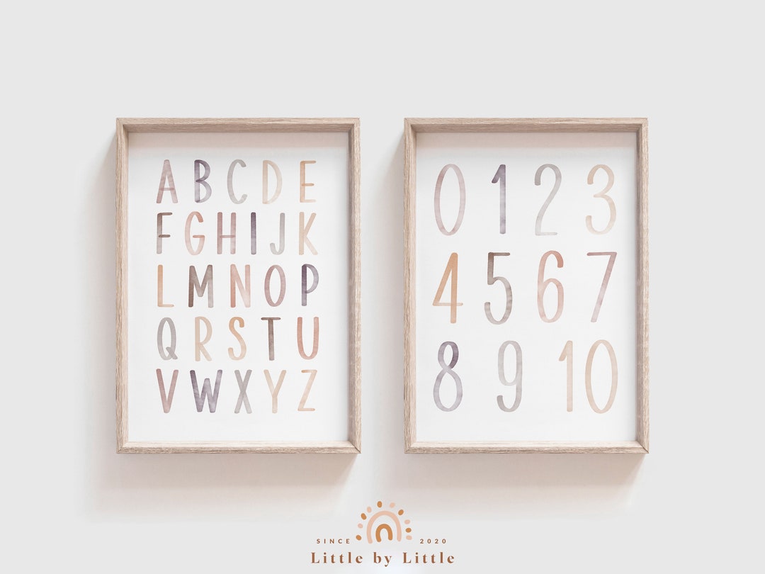 SET of 2 Prints, Watercolor Alphabet Number, Montessori Wall Art ...