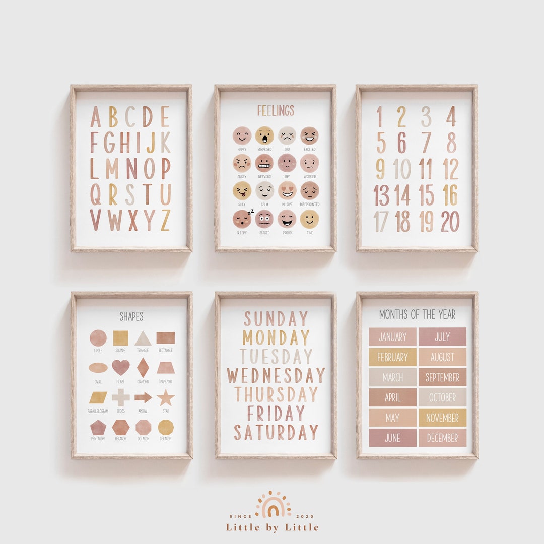 SET of 6 Learning Prints, Boho Watercolor, Alphabet, Numbers, Week ...