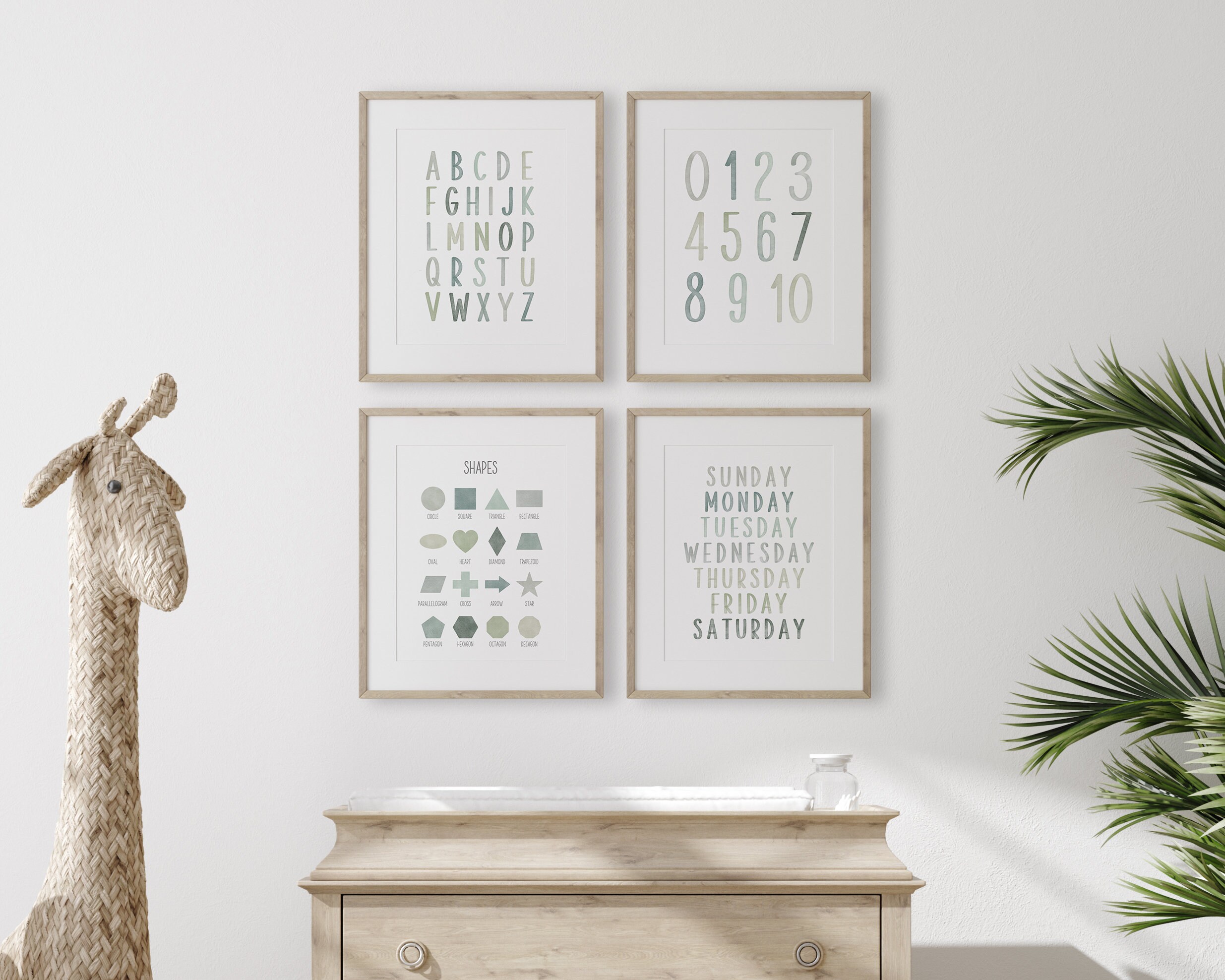 Sage Green Watercolor Learning Posters (set of 4) : Alphabet, Numbers ...