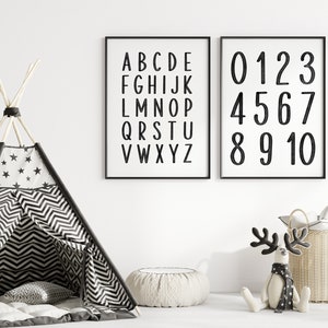 Black Watercolor Alphabet & Numbers, SET of 2 Prints, Nursery Wall Art ...