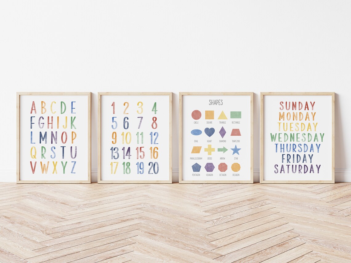 Watercolor Alphabet Number Week Shapes SET of 4 Prints | Etsy
