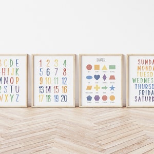 Watercolor Alphabet Number Week Shapes, SET of 4 Prints, Nursery Wall ...