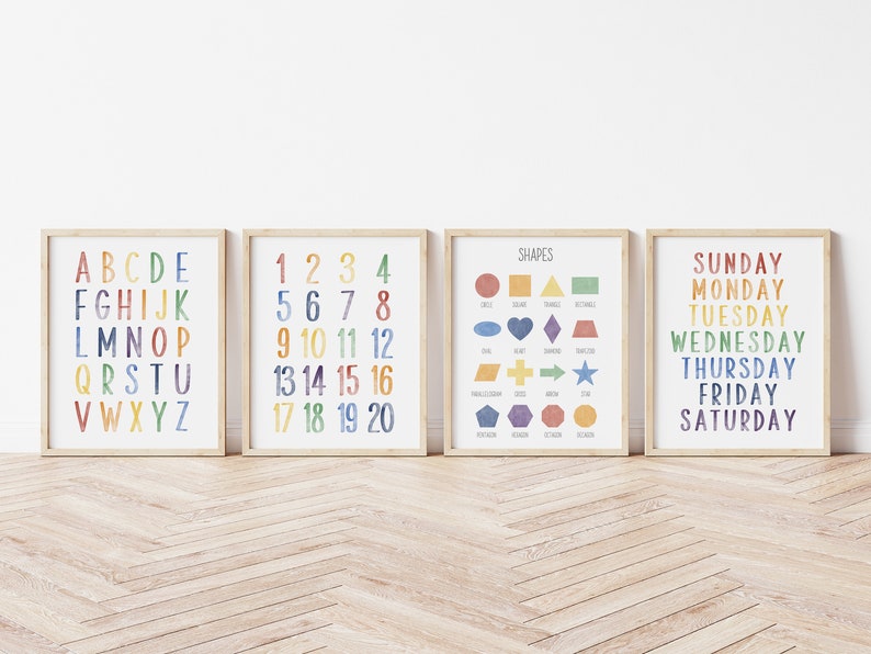 Watercolor Alphabet Number Week Shapes SET of 4 Prints | Etsy