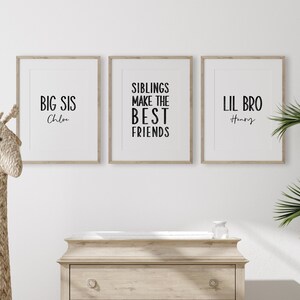 Black Watercolor Sibling Name Prints, Set of 3, Sibling Quote ...