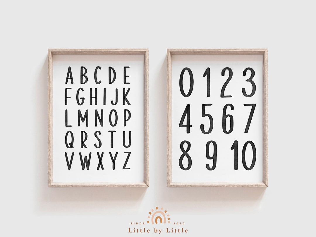 Black Watercolor Alphabet & Numbers, SET of 2 Prints, Nursery Wall Art ...