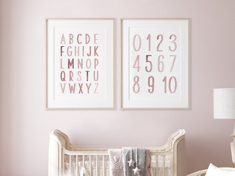 SET of 2 Blush Pink Alphabet & Numbers Nursery Wall Art Pink - Etsy