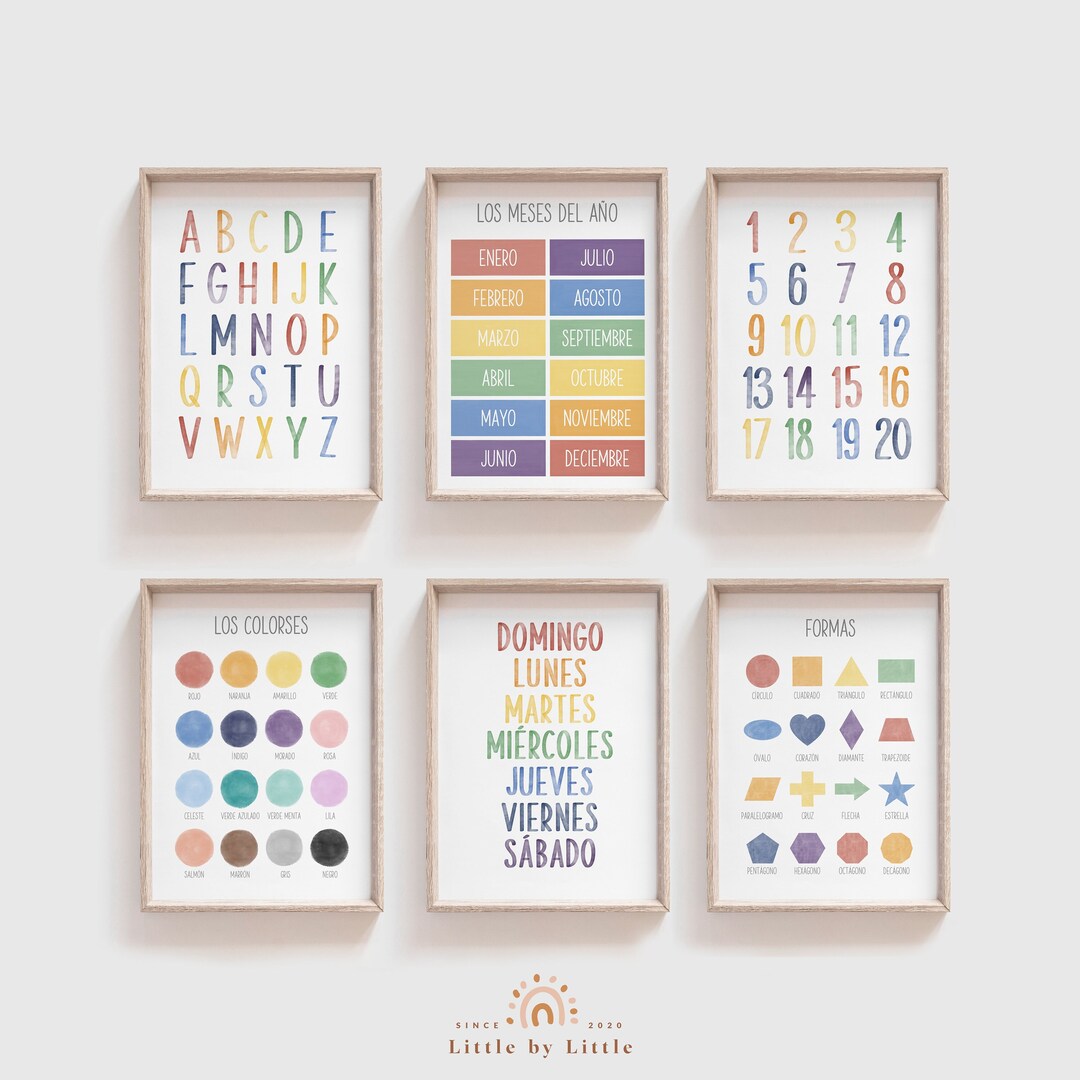 Set of 6 Spanish Educational Poster, Rainbow Watercolor Learning Prints ...