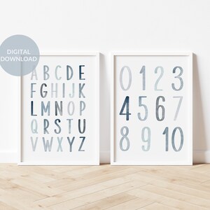 SET of 2 Prints, Watercolor Alphabet Number, Nursery Wall Art, Blue ...