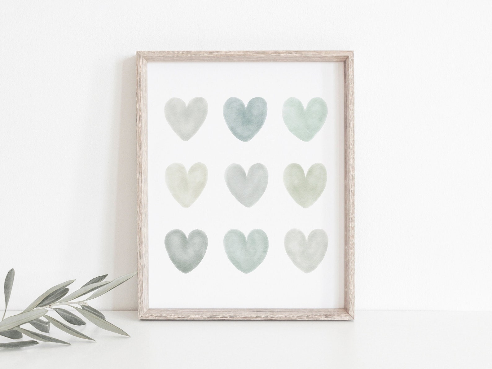 Sage Green Watercolor Hearts Print: Minimalist Nursery Art (digital ...