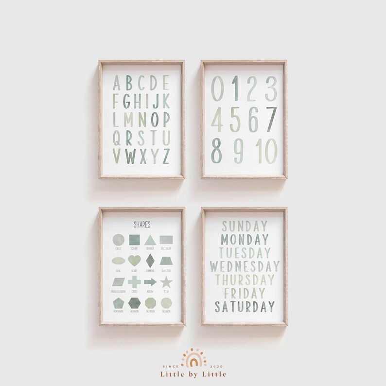 Sage Green Watercolor Learning Posters SET of 4 Alphabet - Etsy