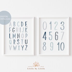 SET of 2 Prints, Watercolor Alphabet Number, Nursery Wall Art, Blue ...