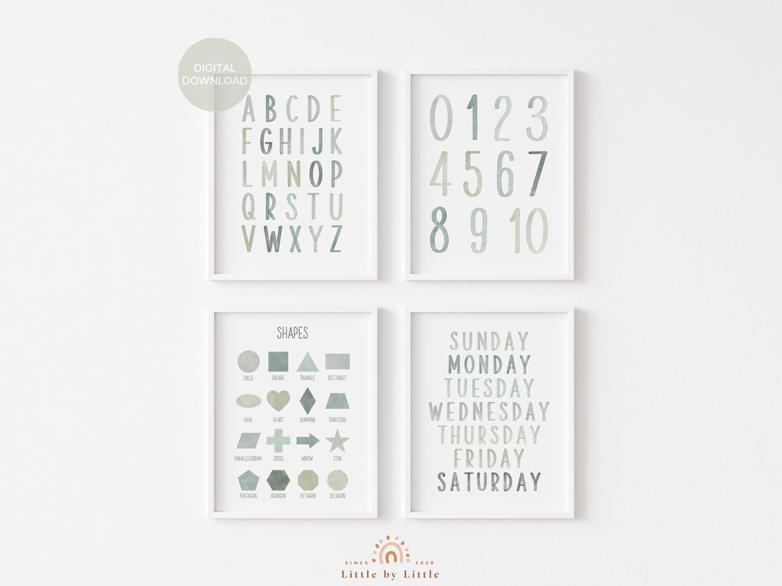 Sage Green Watercolor Learning Posters SET of 4 Alphabet - Etsy