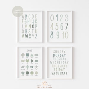Sage Green Watercolor Learning Posters (set of 4) : Alphabet, Numbers ...