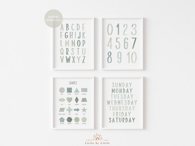 Sage Green Watercolor Learning Posters SET of 4 Alphabet - Etsy