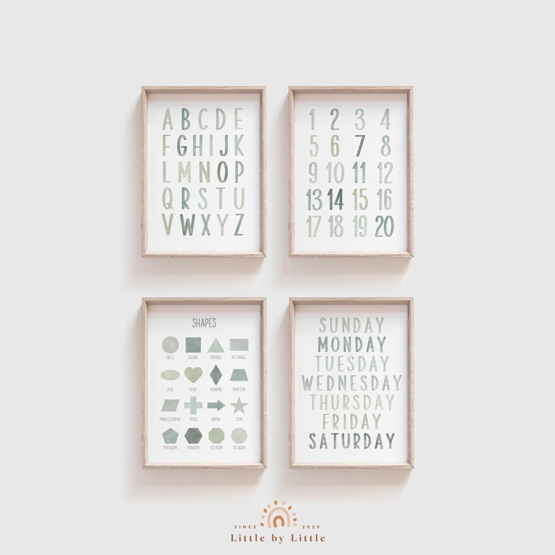 SET of 4 Green Learning Prints, Sage Green Watercolor, Alphabet Numbers ...