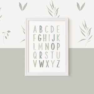 Sage Green Watercolor Alphabet Print: Montessori Nursery Decor (digital ...