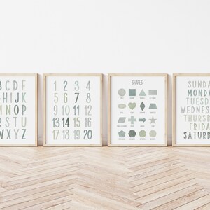 SET of 4 Green Learning Prints, Sage Green Watercolor, Alphabet Numbers ...