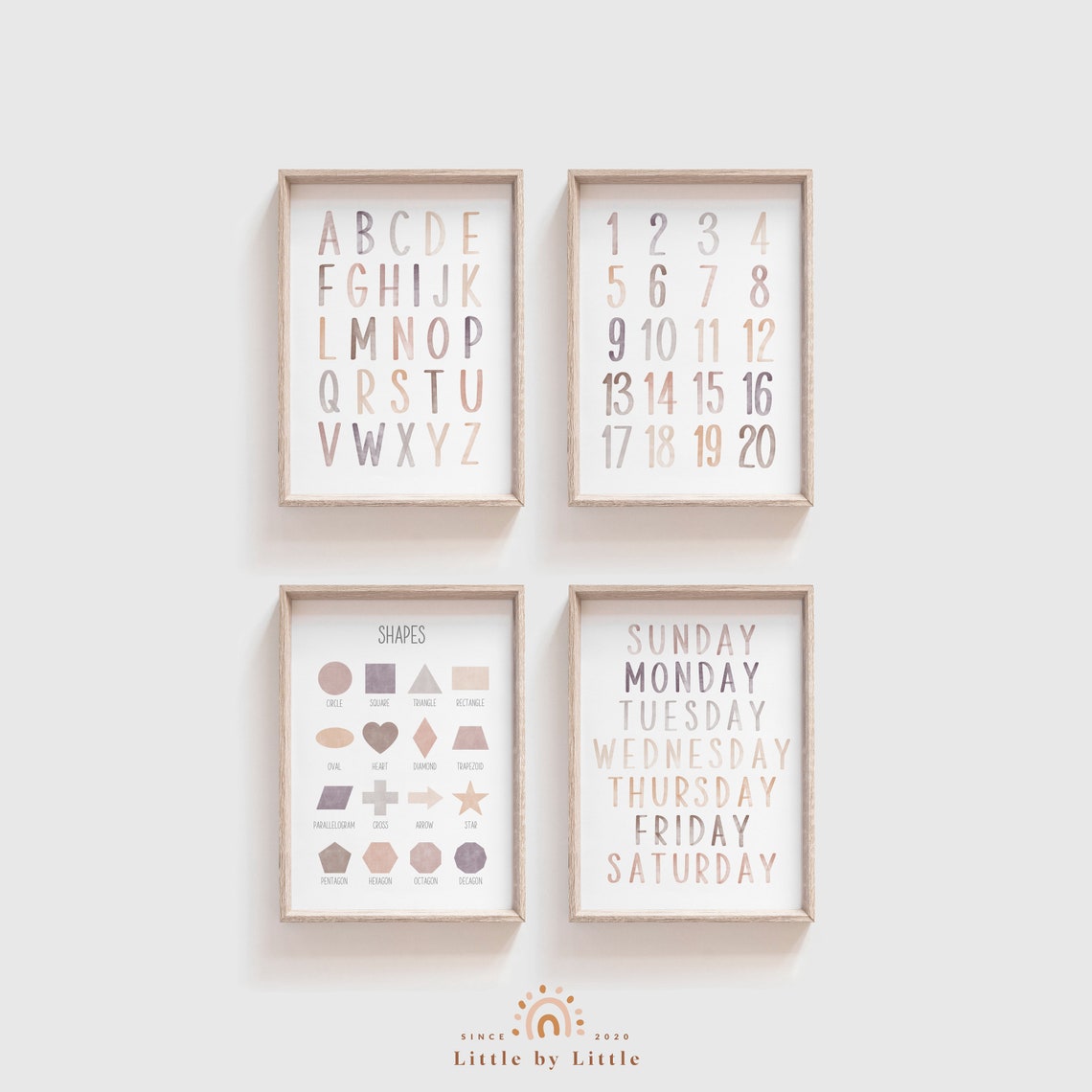 SET of 4 Prints Watercolor Alphabet Number Week Shapes | Etsy