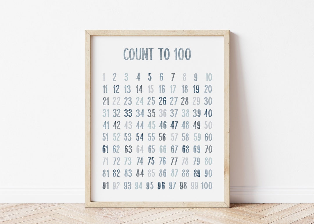 Count to 100 Chart, Blue Watercolor, 1-100 Numbers, Printable Hundred ...