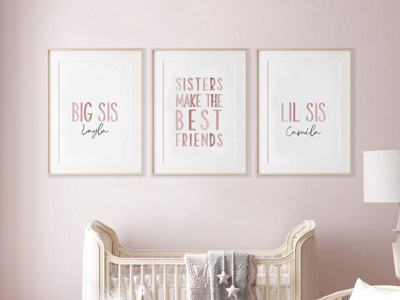 Set of 3 Blush Pink Sister Prints, Custom Sister Name, Sister Prints ...