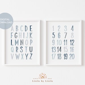 SET of 2 Prints, Watercolor Alphabet Number, Nursery Wall Art, Blue ...