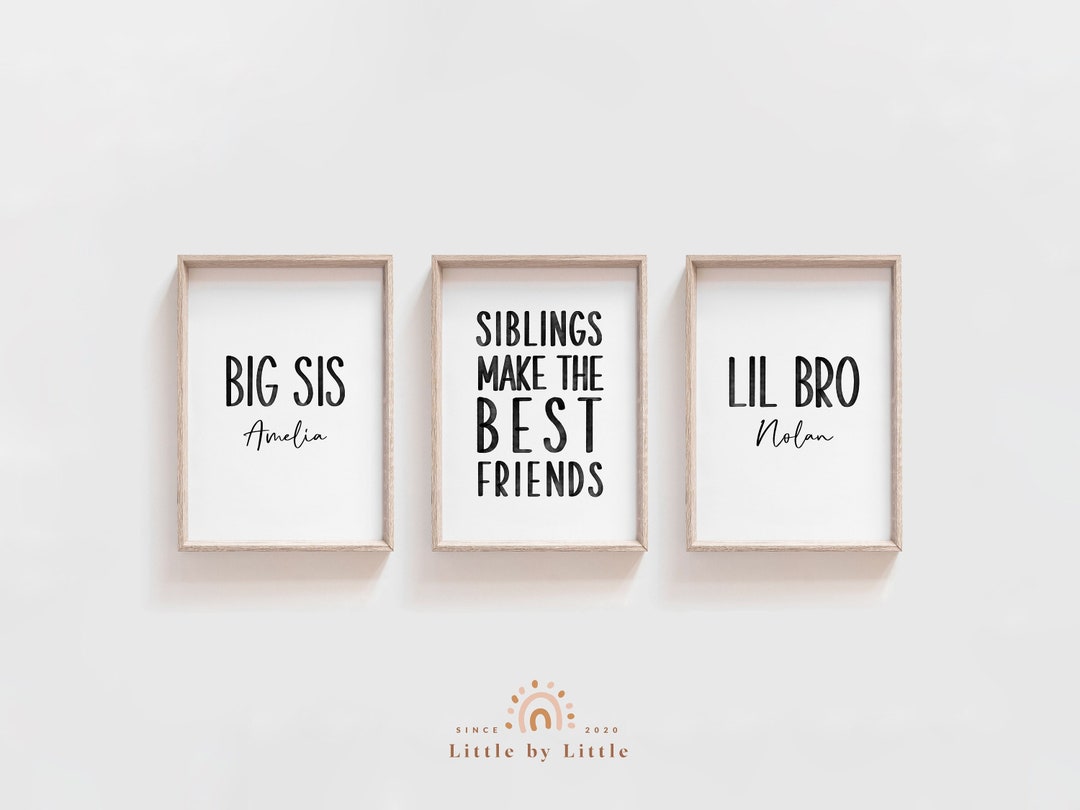 Black Watercolor Sibling Name Prints, Set of 3, Sibling Quote ...