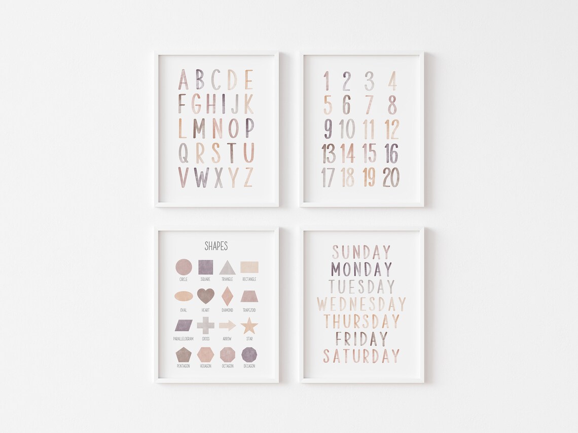 SET of 4 Prints Watercolor Alphabet Number Week Shapes | Etsy